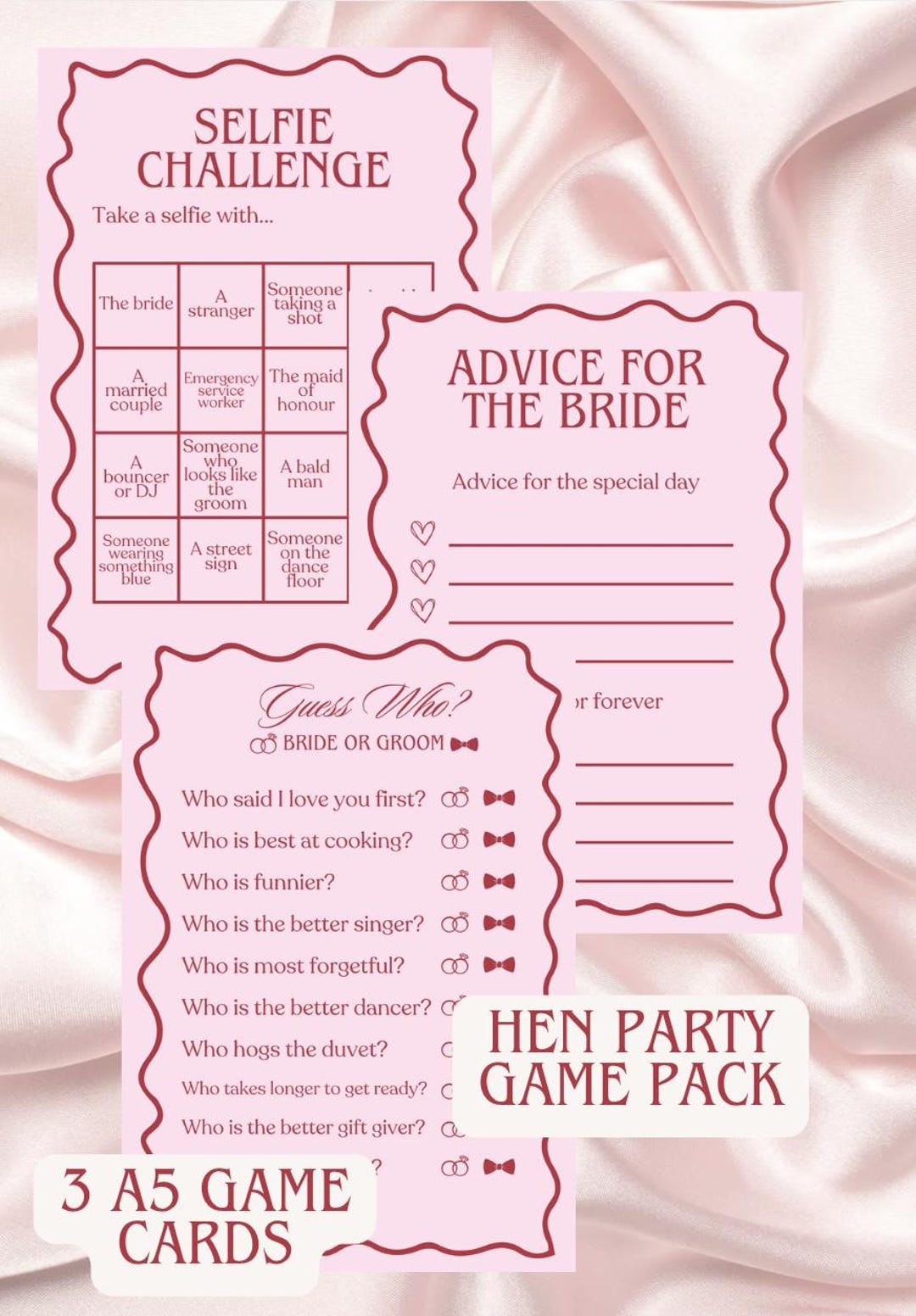 Pink & Red Hen Party Game Cards: Drinks, Cocktails, Selfie Challenge ...