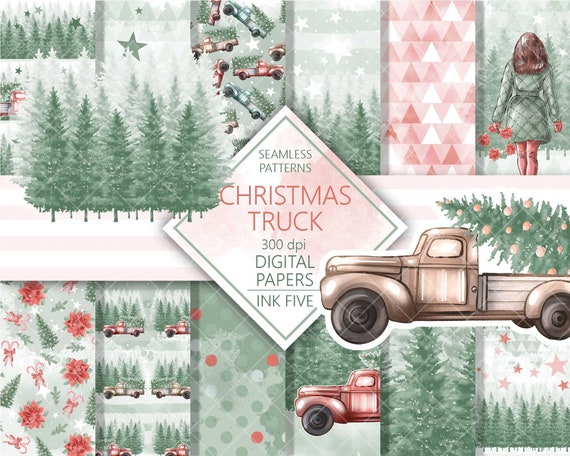 Christmas Truck Digital Paper Pack. Watercolor Winter Xmas | Etsy