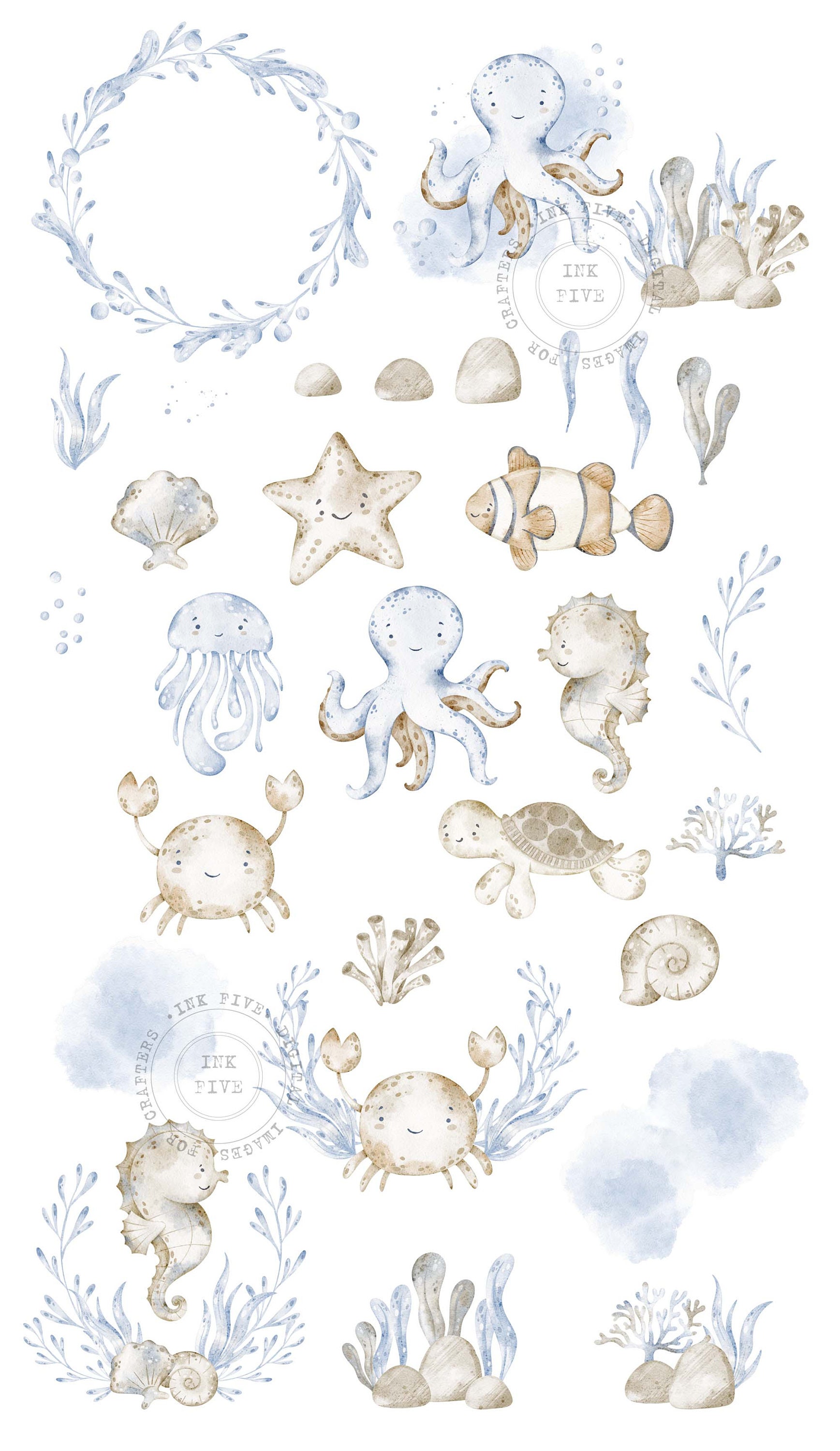 Under the Sea Watercolor Clipart. Nautical Handpainted Images. - Etsy