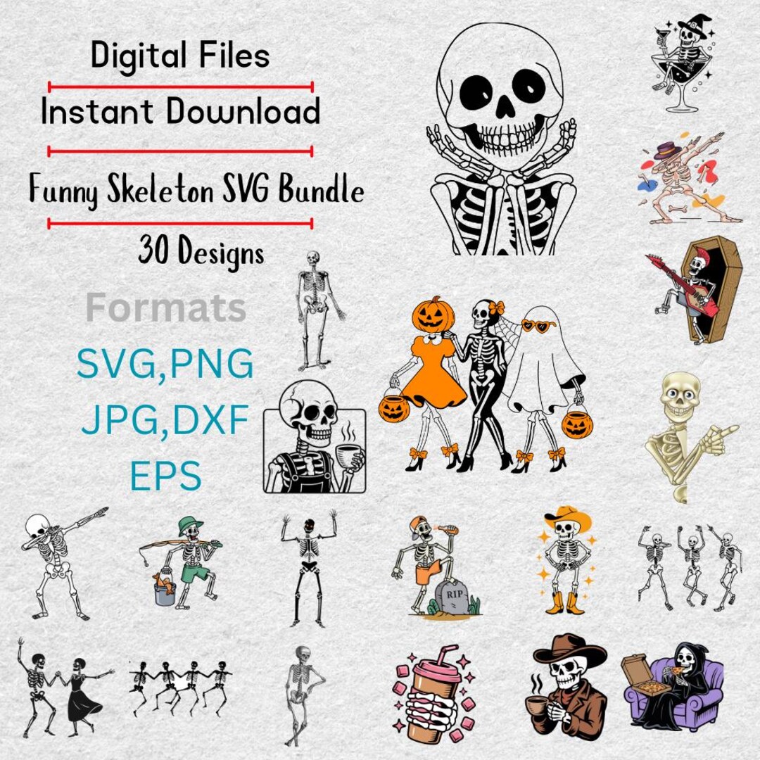 Funny Skeleton SVG Bundle: 30 Hilarious Halloween Cut Files (digital ...
