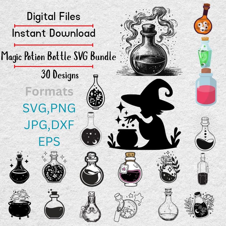 Magic Potion Bottle SVG Bundle: 30 Witchy Clipart Designs (digital ...