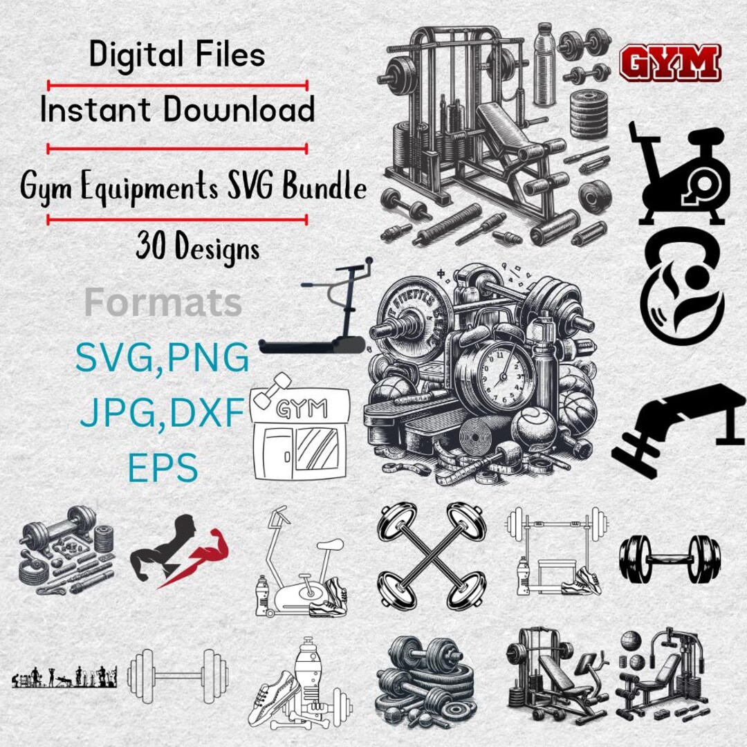 Gym Equipment SVG Bundle: 30 Fitness Workout Designs (digital Download ...