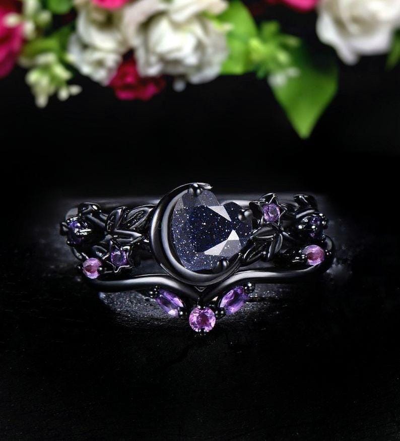 Crescent Moon Ring, Blue Sandstone Celestial Ring, Purple Amethyst ...