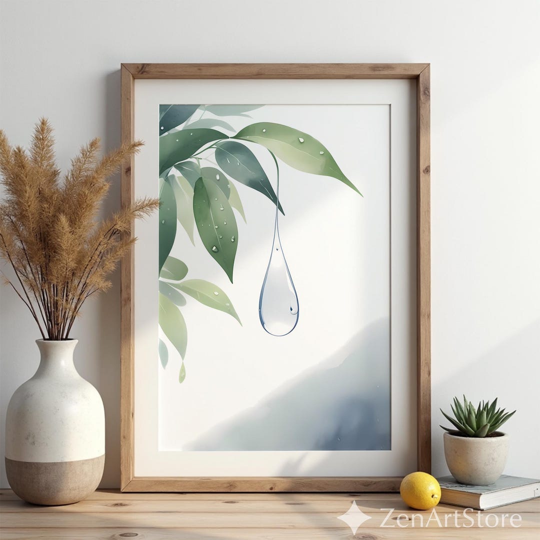 Minimal Botanical Water Droplet Print - Zen Japandi Wall Art, Green ...