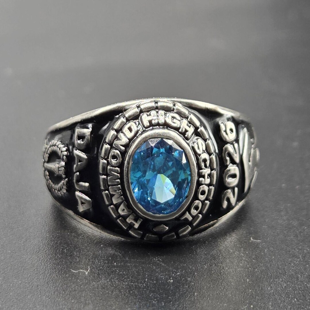 Custom Oval Blue Birthstone Class Ring in 925 Sterling Silver High ...