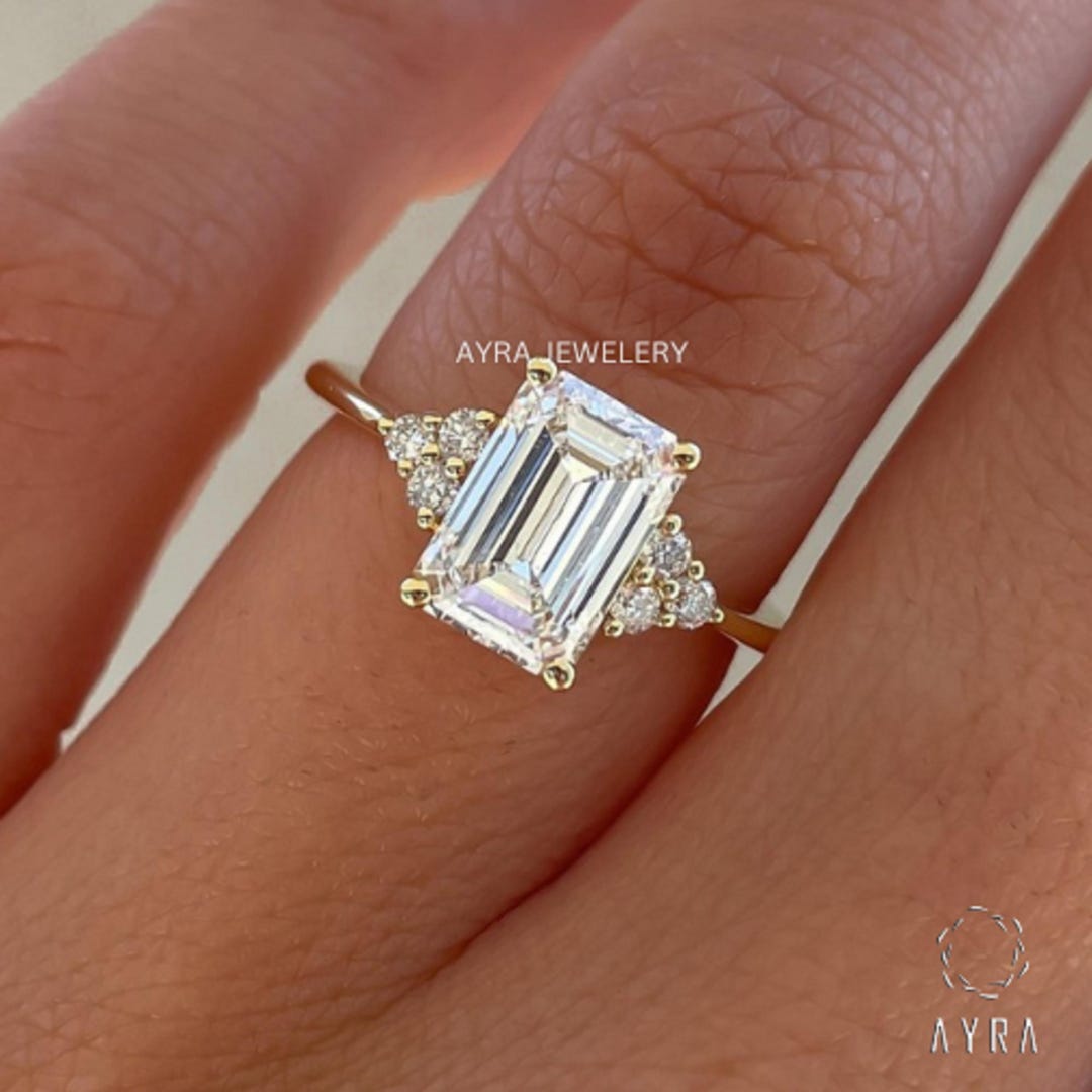 2.75CT Emerald Cut Lab Grown Diamond Cluster Setting Engagement Ring in ...