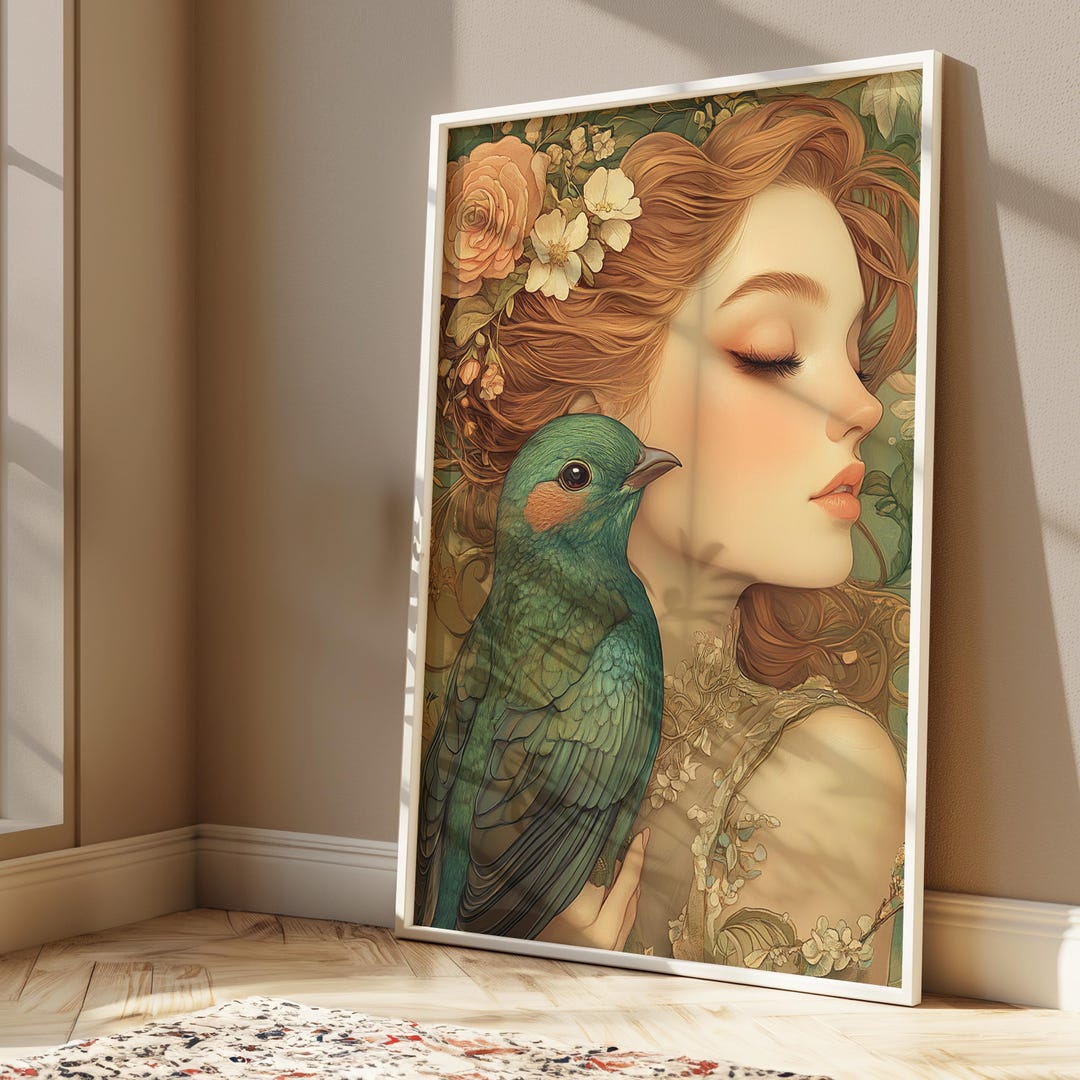 Vintage Bird Goddess Printable Art, Whimsical Nature Portrait Digital ...