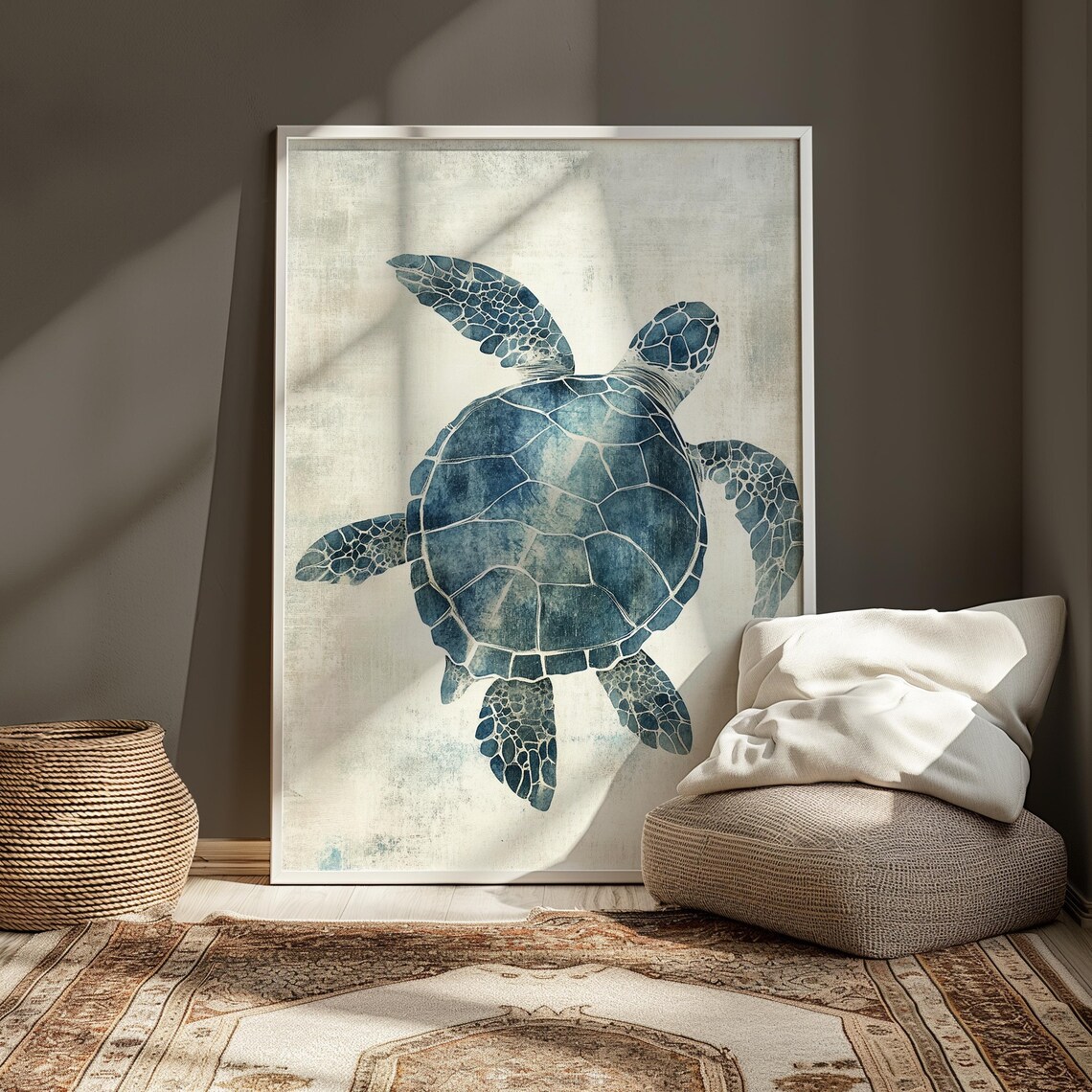 Blue Sea Turtle Digital Print, Coastal Ocean Marine Life Wall Art ...