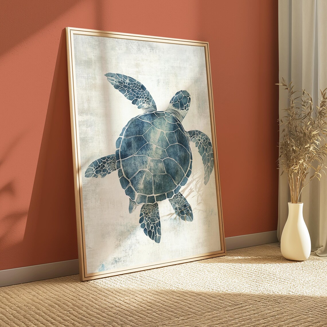 Blue Sea Turtle Digital Print, Coastal Ocean Marine Life Wall Art ...