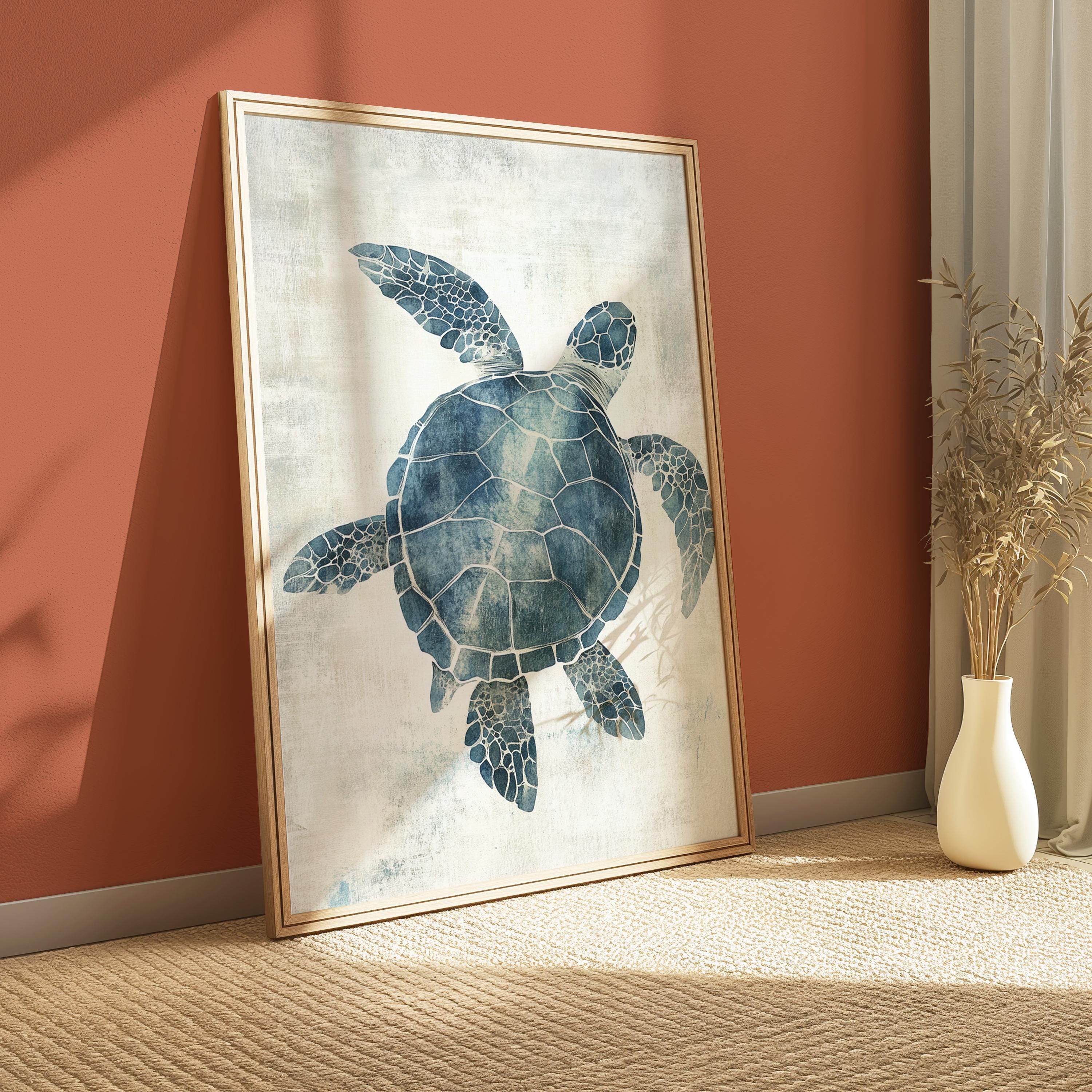 Blue Sea Turtle Digital Print, Coastal Ocean Marine Life Wall Art ...