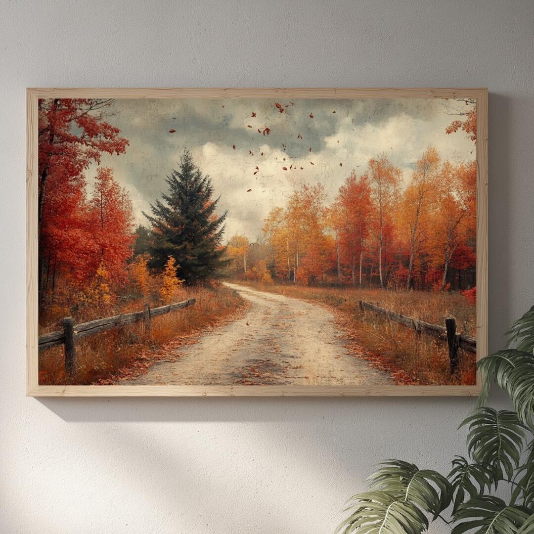 Autumn Country Road Wall Art, Rustic Farm Landscape Digital Print ...