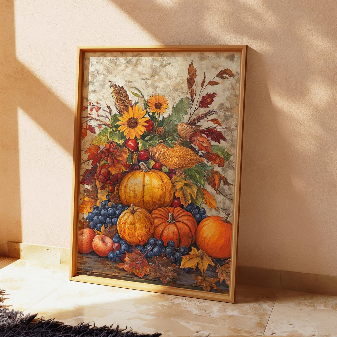 Autumn Harvest Still Life Digital Wall Art, Thanksgiving Pumpkins and ...