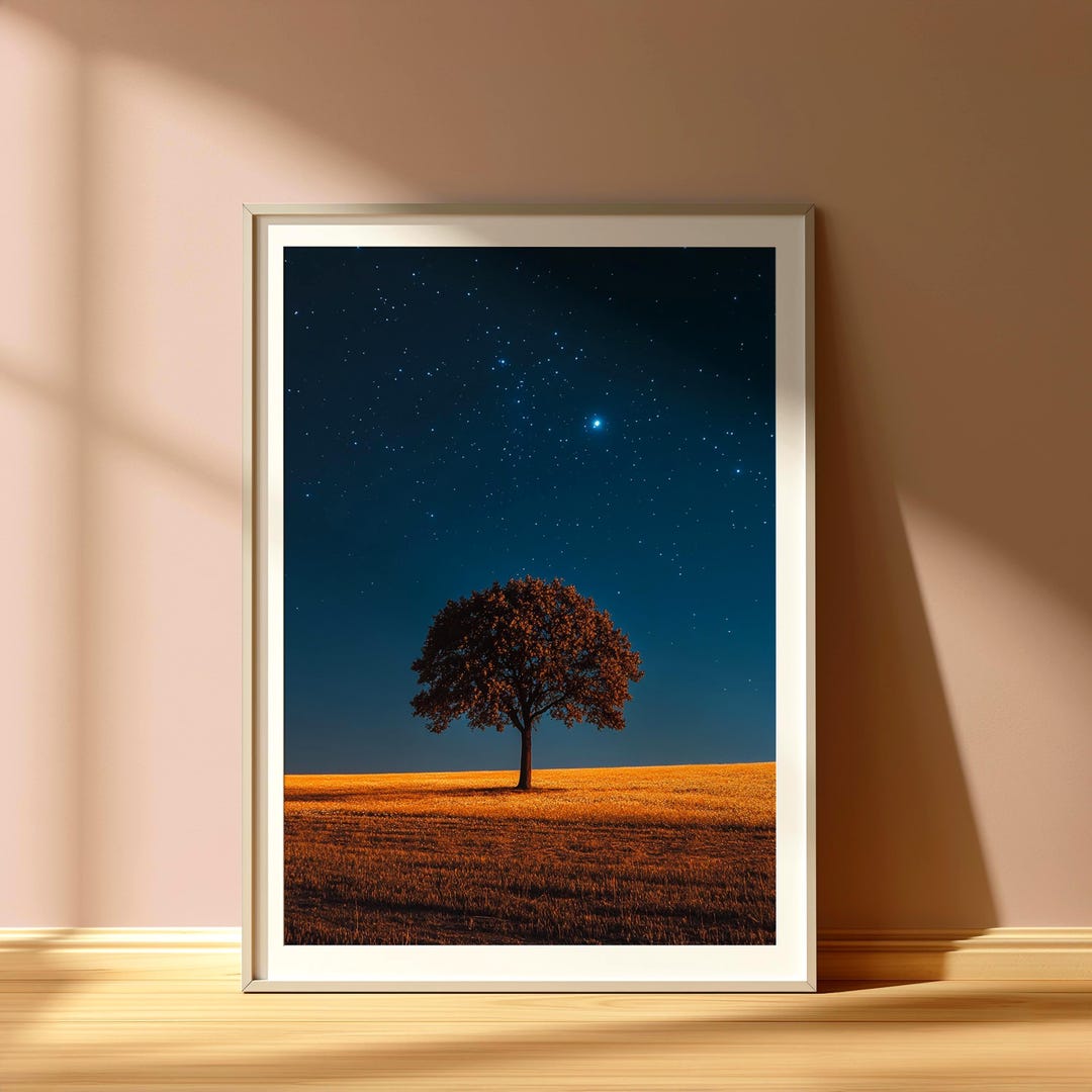 Blue Night Tree Art Print, Starry Sky Landscape Canvas, Minimalist ...