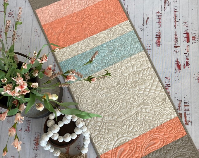 Quilted Table Runner Color Block Style Peach Aqua Beige Graffiti ...