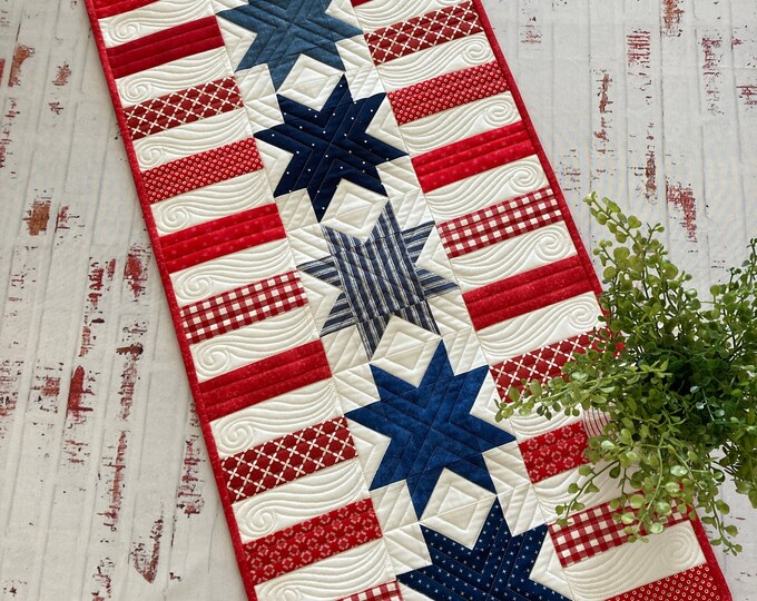 Patriotic Quilted Table Runner, Table Topper, Red White Blue Table ...