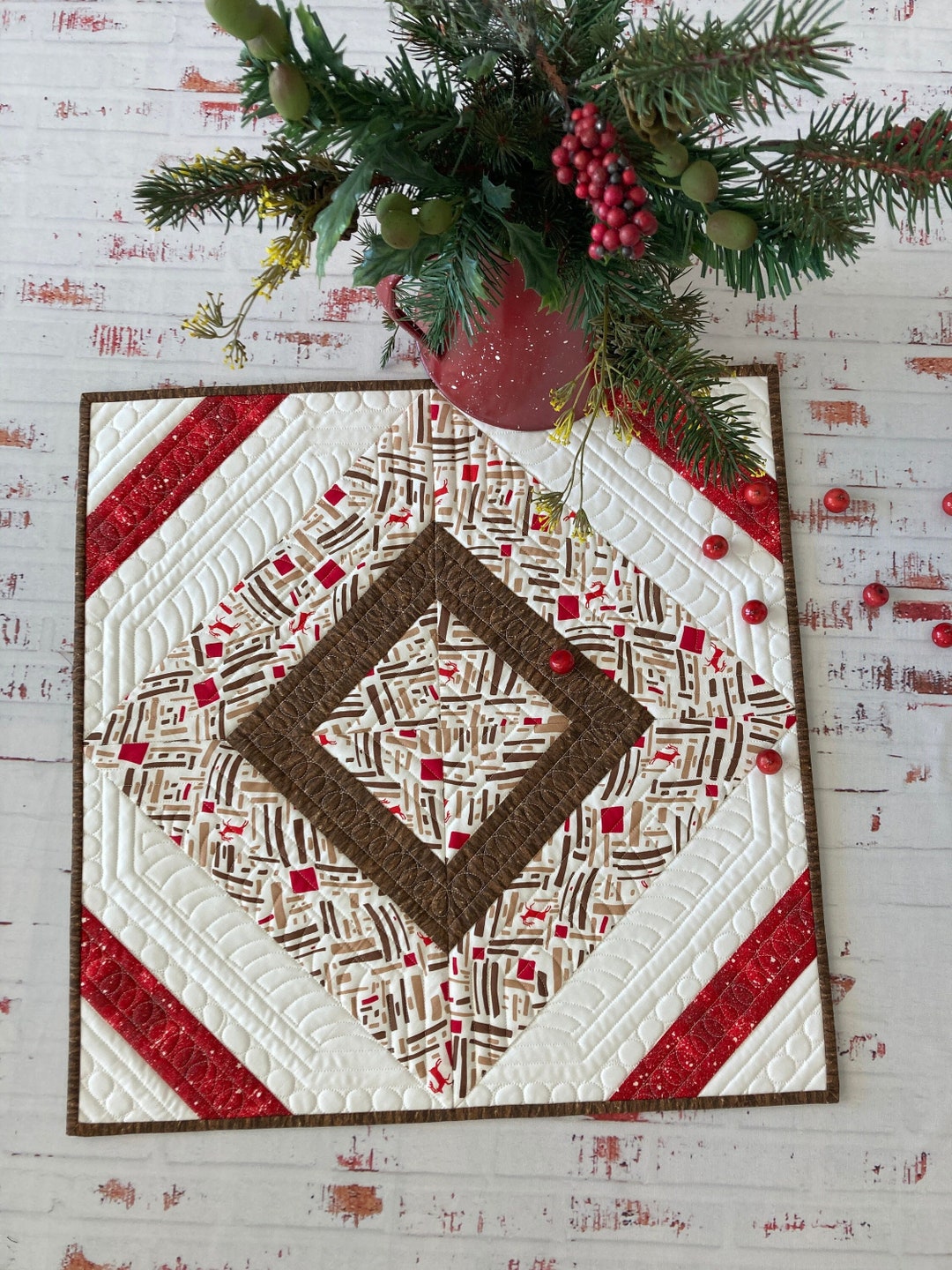 Quilted Christmas Table Topper, Square Table Quilt, Brown and Red - Etsy