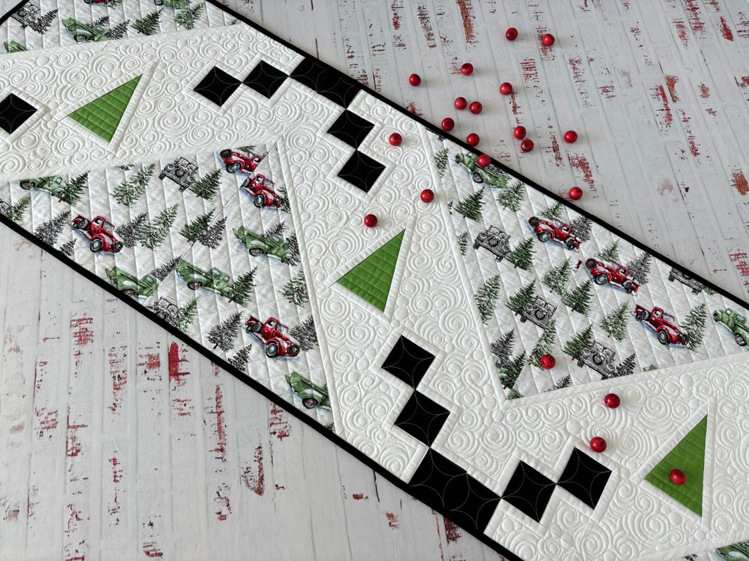 Christmas Tree Quilted Table Runner, Holiday Table Topper, Red Trucks ...