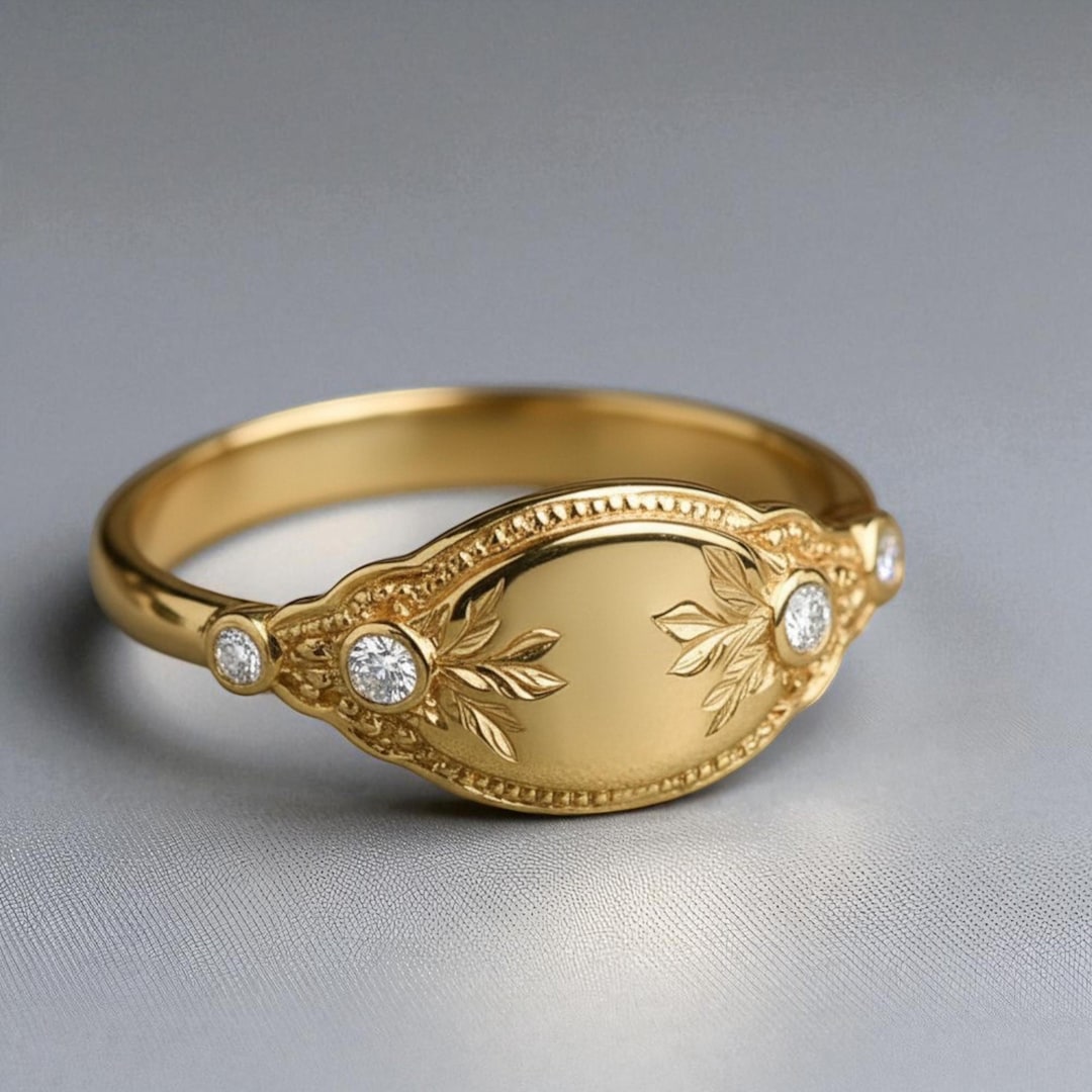 Diamond Ring, Personalized Gold Signet Ring, Engraved Gold Ring Vintage ...