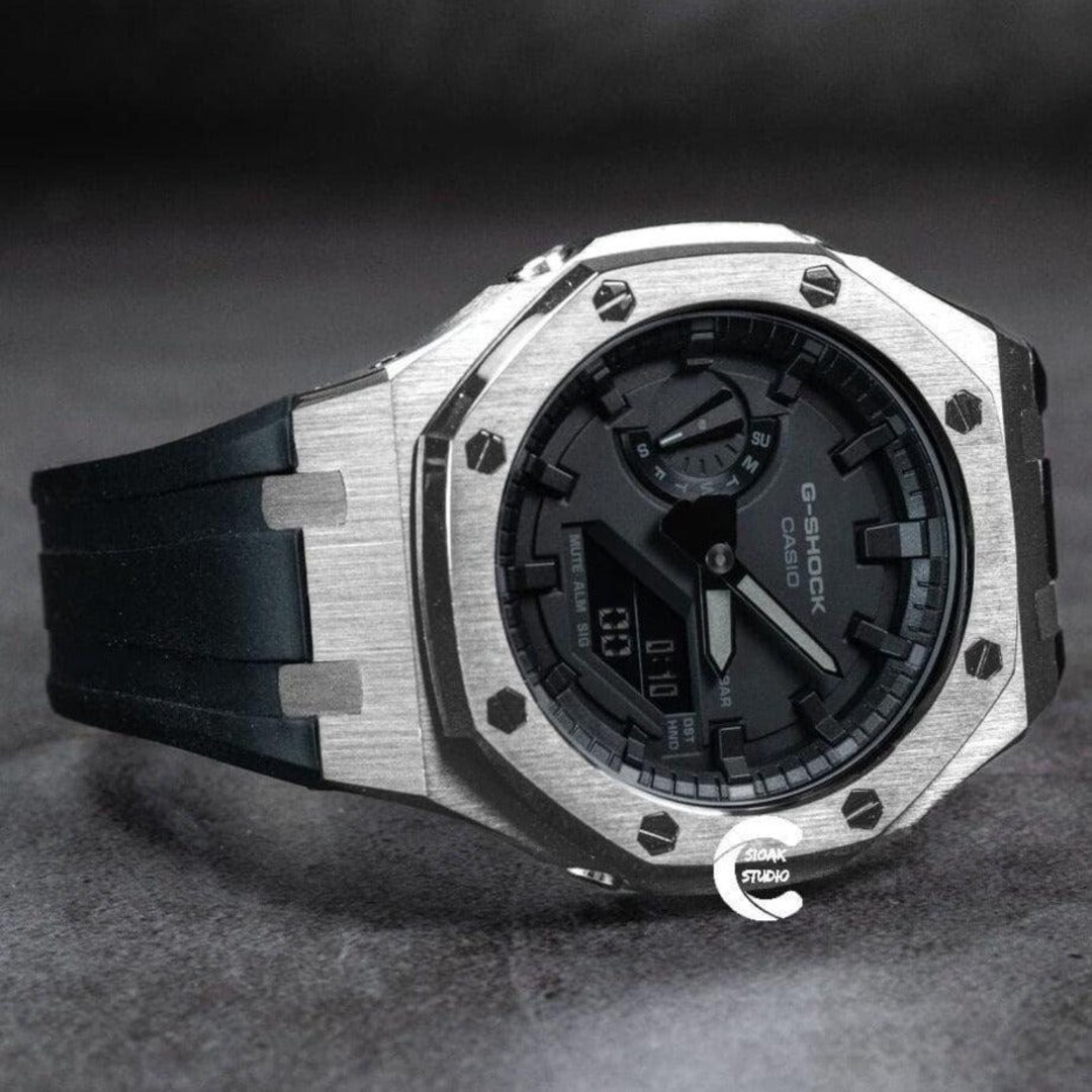 Casioak Mod Watch Silver Case Black Rubber Strap Black Time Mark Black ...