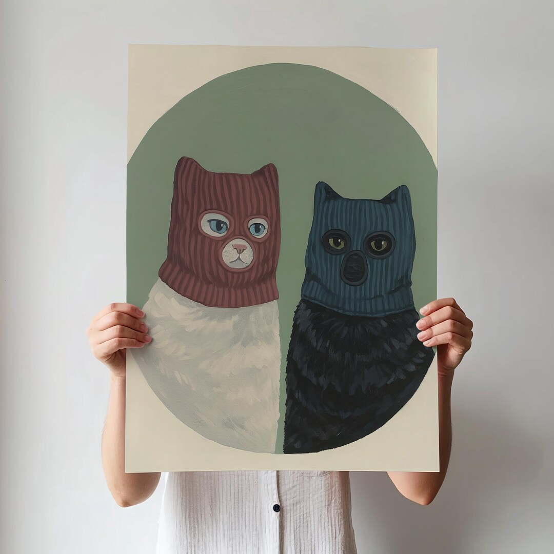 Funny Cat Art Print – Surreal Masked Cats Poster – Quirky Whimsical ...