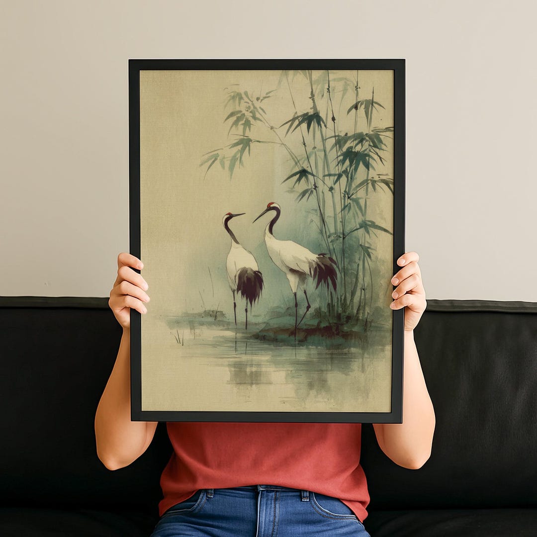 Japanese Crane Wall Art, Zen Bird Print, Oriental Painting, Wabi Sabi ...