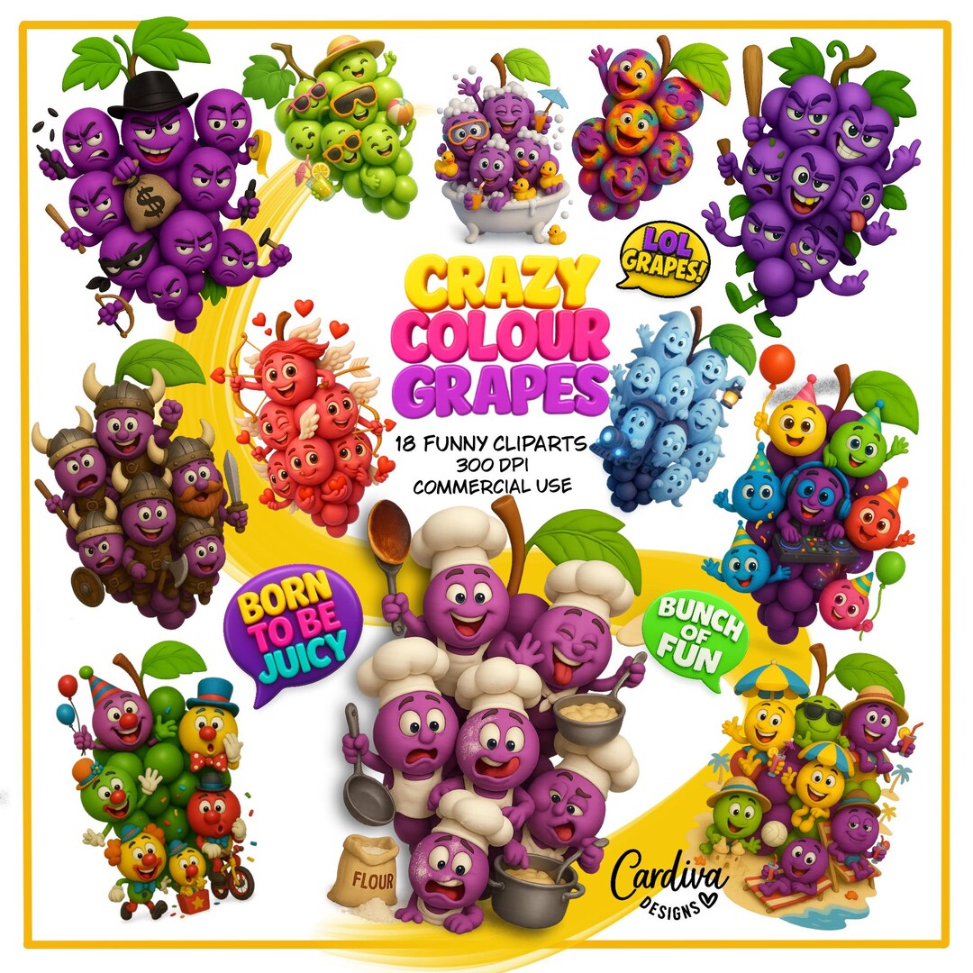 Cartoon Grape Clipart Set: Crazy Colour Food Illustrations (PNG) - Etsy