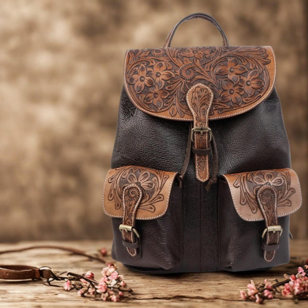Hand Tooled Leather Backpack: Western Cowhide Travel Bag - Etsy