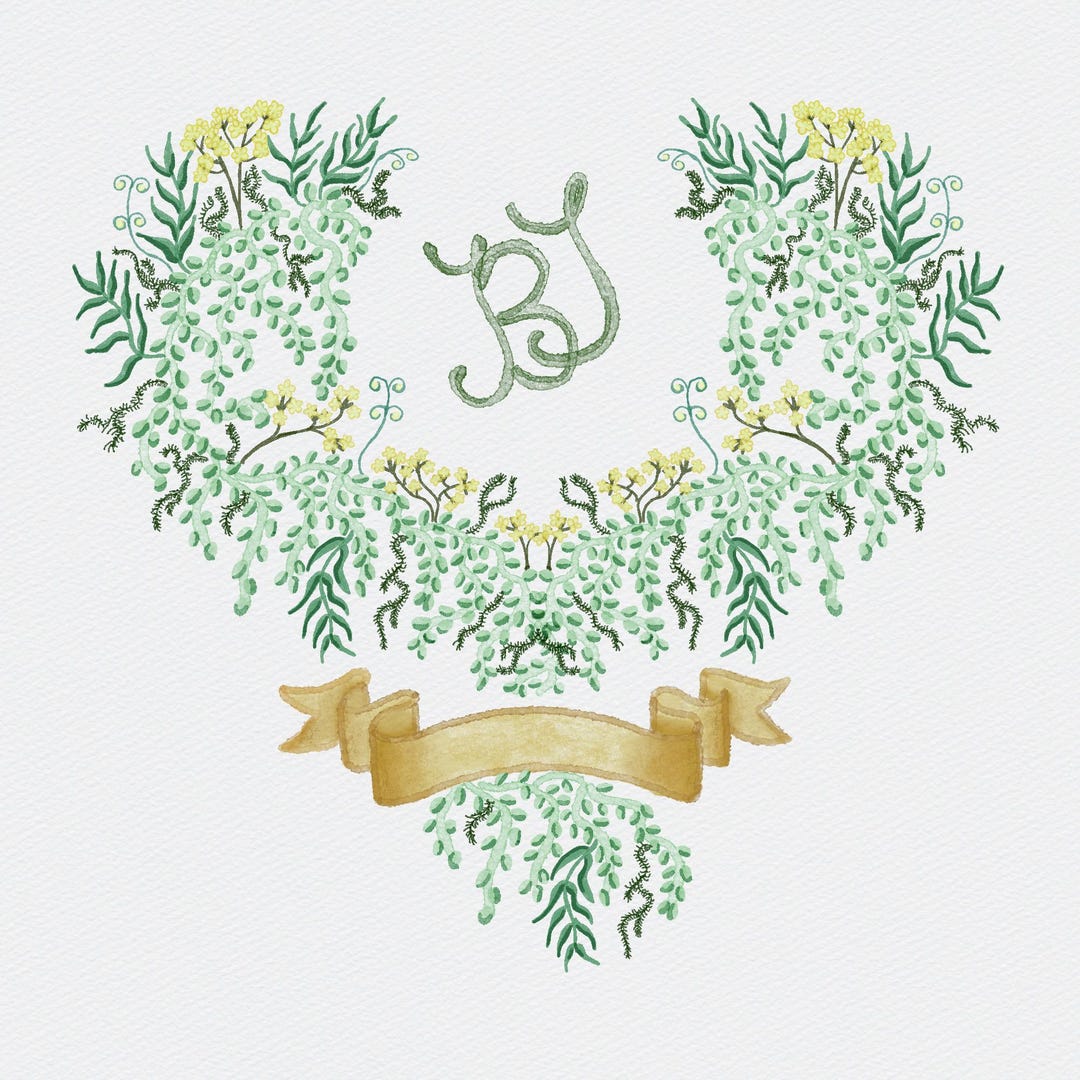 Wedding Crest – Custom Initials & Date - Hand Drawn Digital Watercolor ...