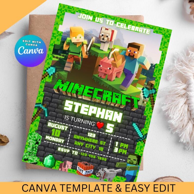Editable Minecraft Birthday Invitation | Mine Invite Template ...