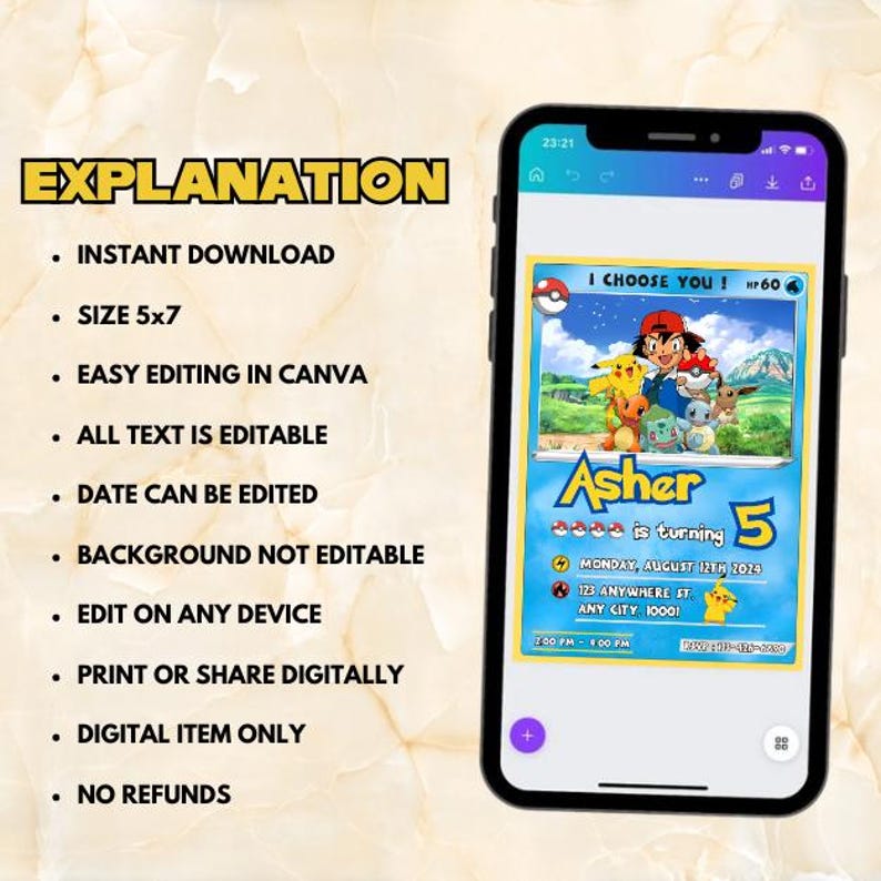 Pikachu Card Birthday Invitation With Picture Photo Printable Editable ...