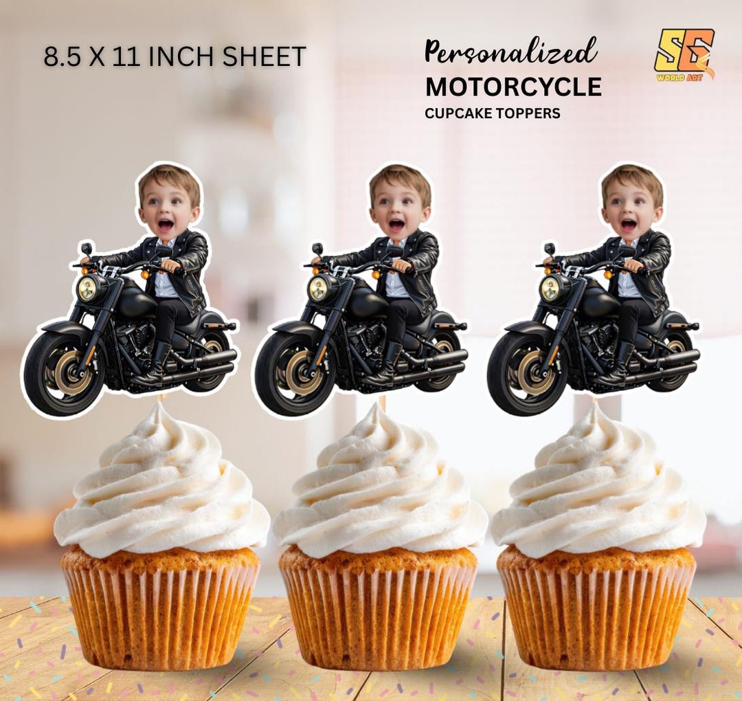Motorcycle Personalized Face Cupcake Toppers, Biker Birthday Party ...