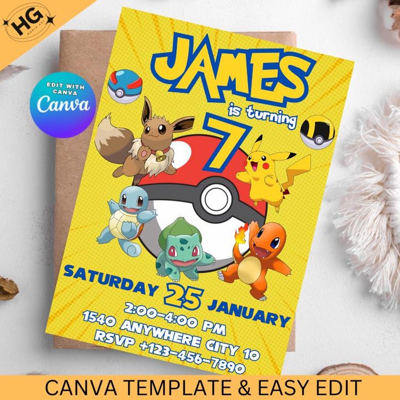 Pikachu Card Birthday Invitation With Picture Photo Printable Editable ...