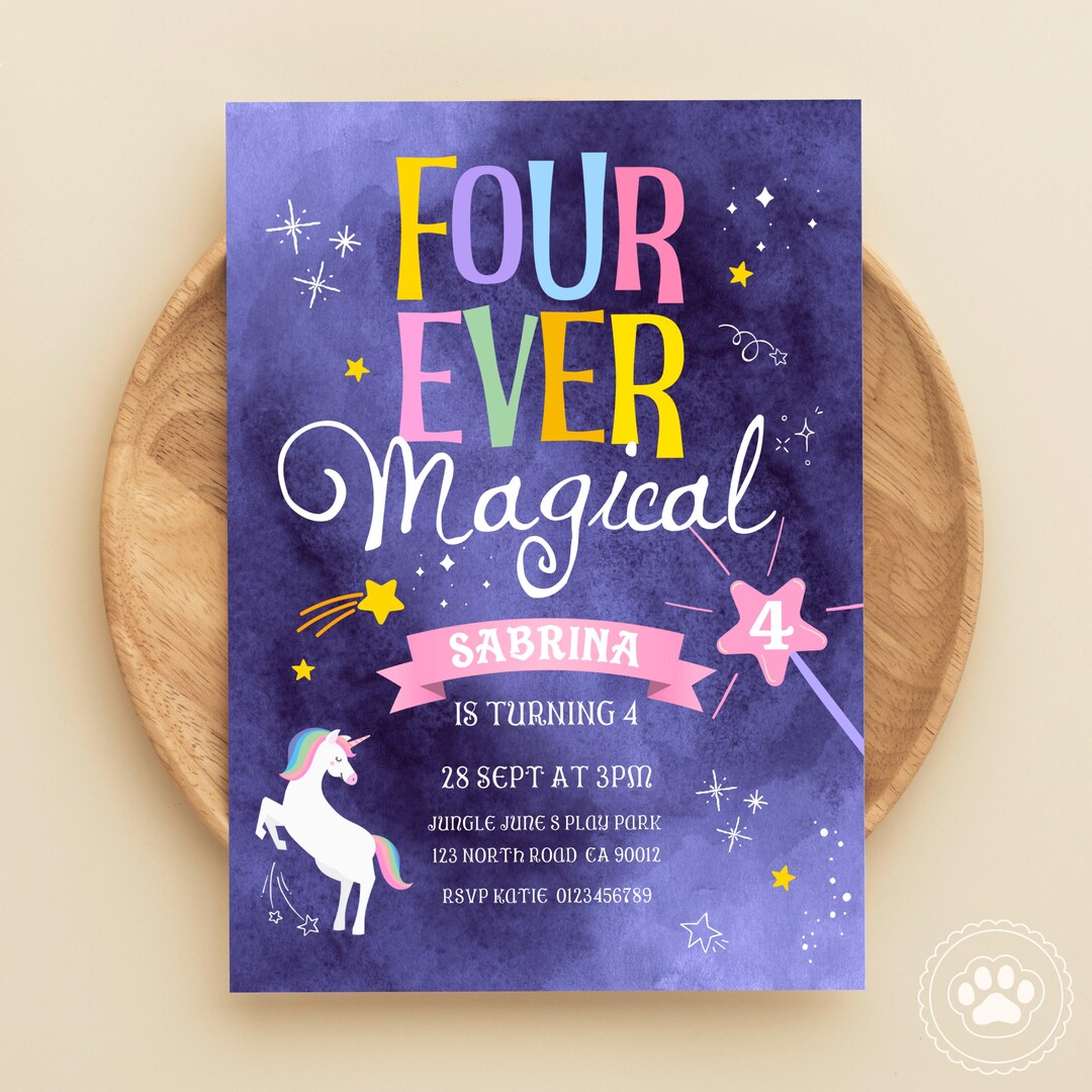 Four Ever Magical Unicorn Birthday Invitation, Editable Rainbow ...