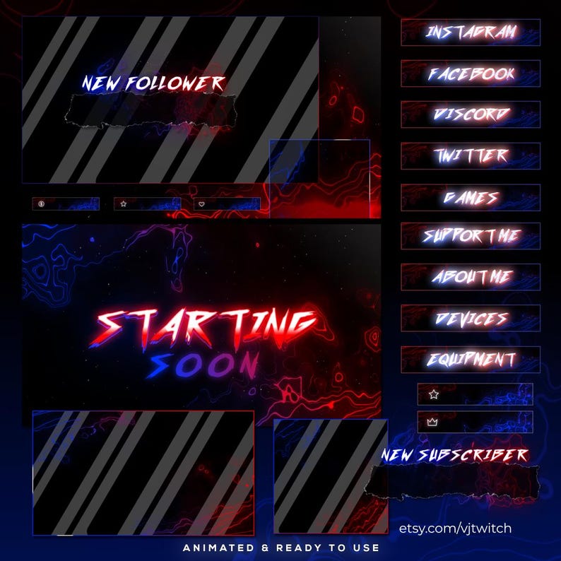 Twitch Overlay Pack Red Blue Neon Animated | Esports Stream Bundle ...