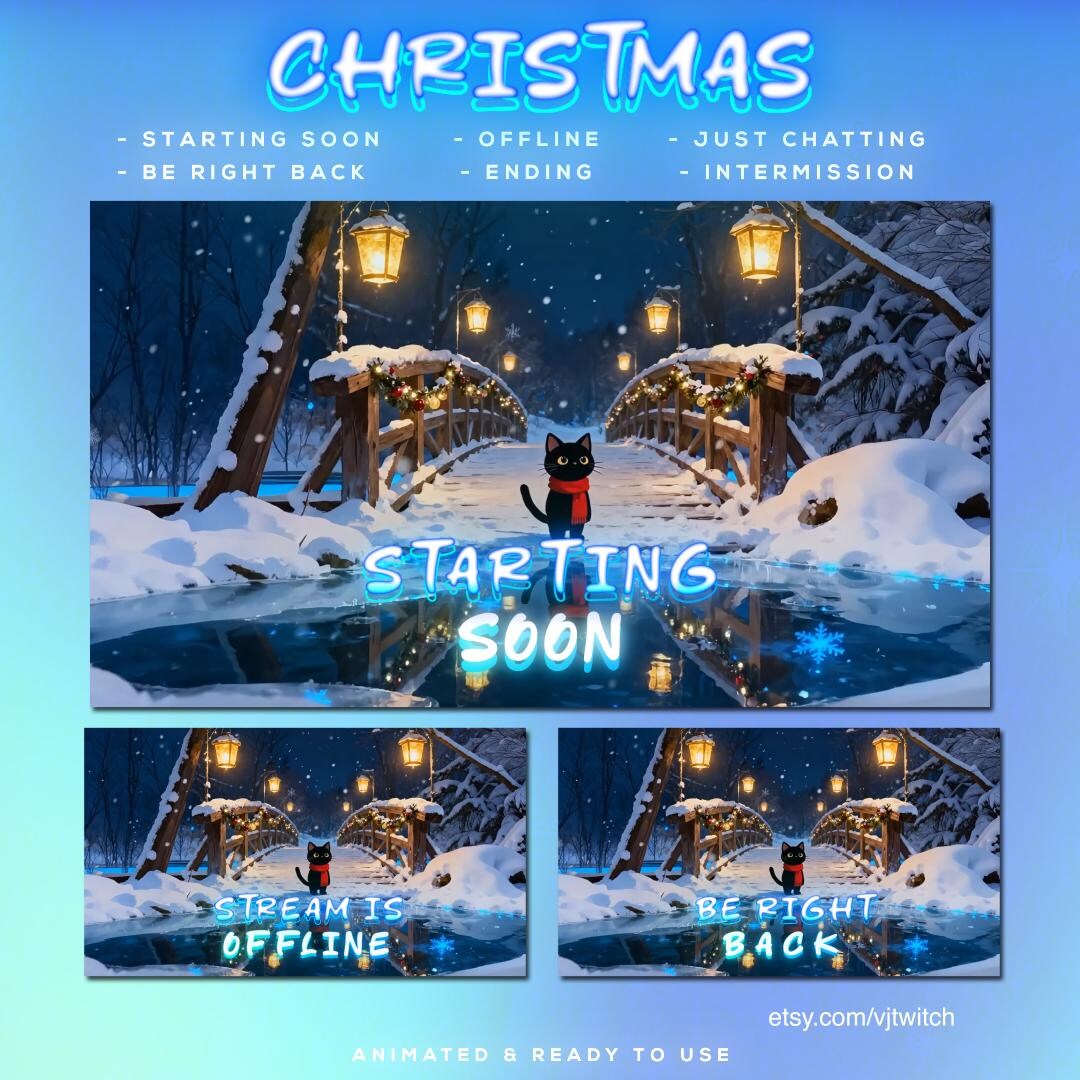 Animated Christmas Stream Screens 6-pack | Cozy Snow Black Cat ...