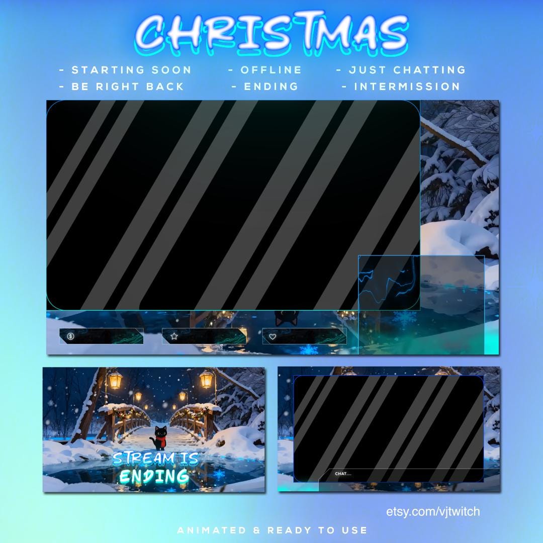 Animated Christmas Stream Screens 6-pack | Cozy Snow Black Cat ...