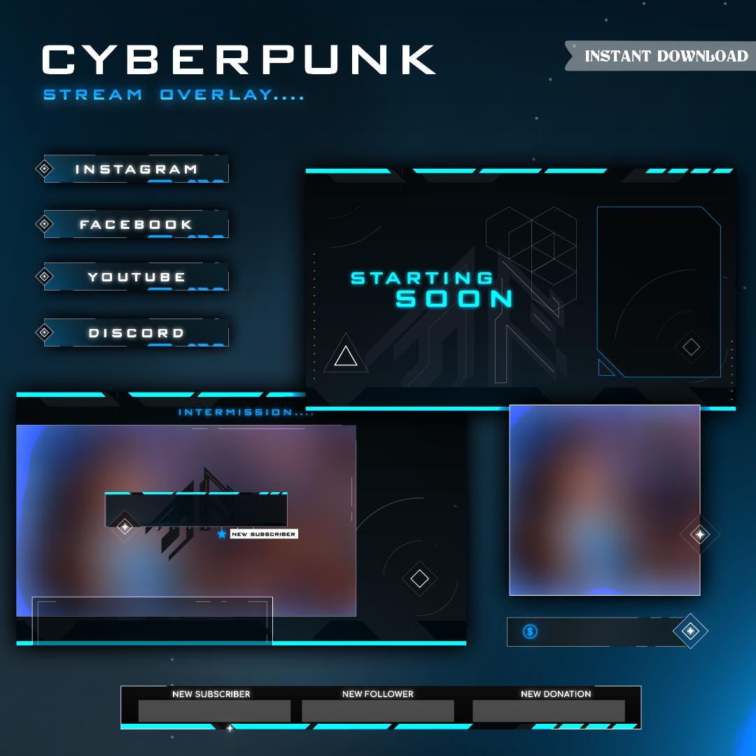 Blue Cyberpunk Stream Overlay Pack for Twitch | Animated Scenes Alerts ...