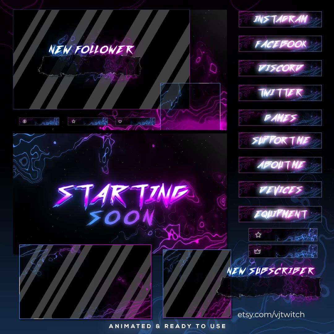 Neon Energy Animated Stream Pack | Futuristic Glitch Twitch Overlay ...