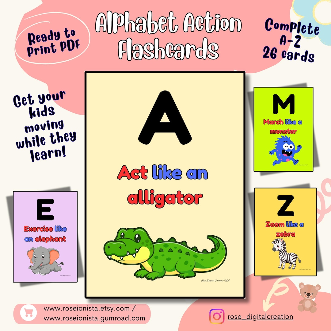 Alphabet Action Flashcards – Printable A-Z Learning Cards (PDF Download ...