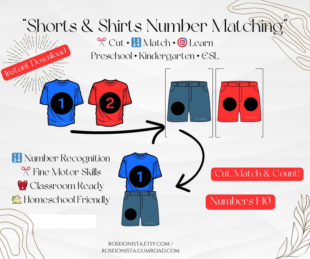 Shorts & Shirts Number Matching Activity | Counting Worksheets for ...
