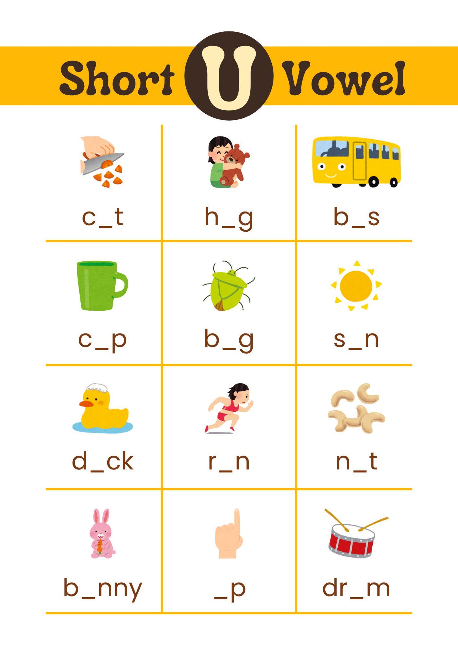 Short AEIOU Vowel Early Literacy English Worksheet in Illustrative ...