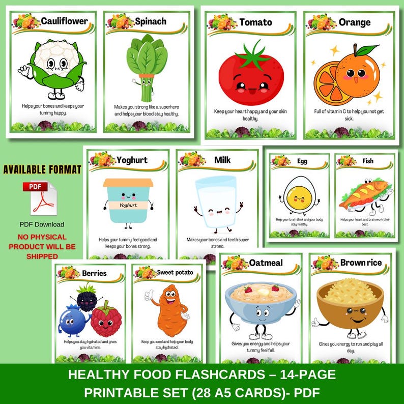 Food Flashcards: Nutrition Education for Kids (PDF Download, 50 A5 ...