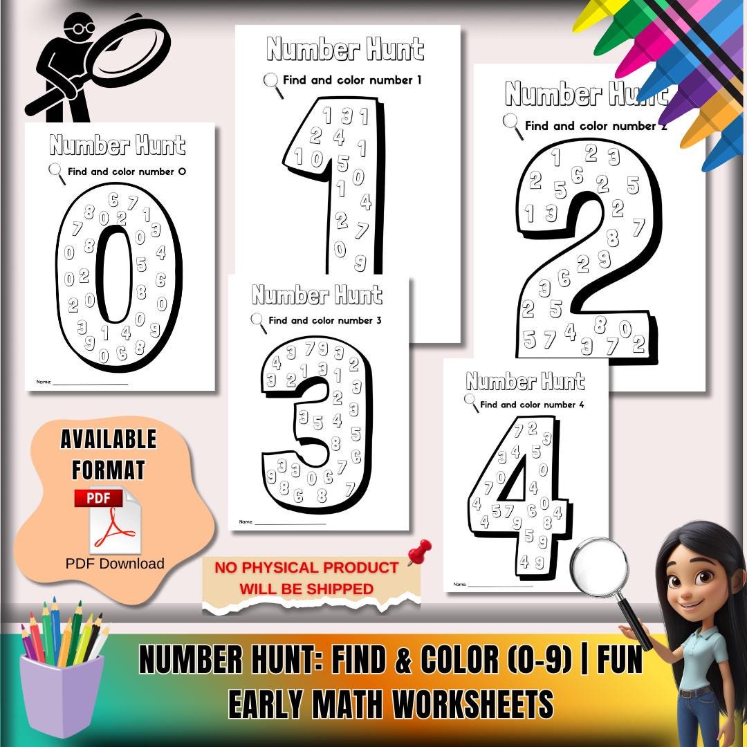 Number Hunt: Find & Color (0–9) | Fun Early Math Worksheets - Etsy