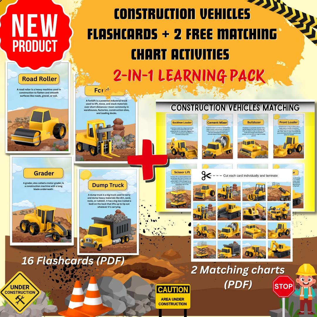 Construction Vehicles Flashcards Learning Pack – Toddler Preschool ...