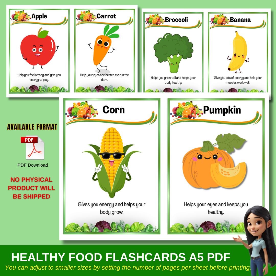 Food Flashcards: Nutrition Education for Kids (PDF Download, 50 A5 ...