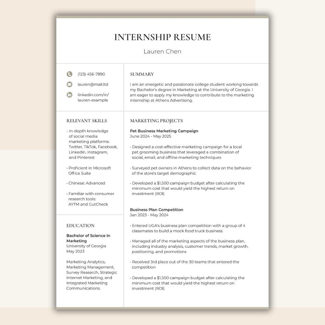 Internship Resume Template | Ats-friendly Resume for Students and ...