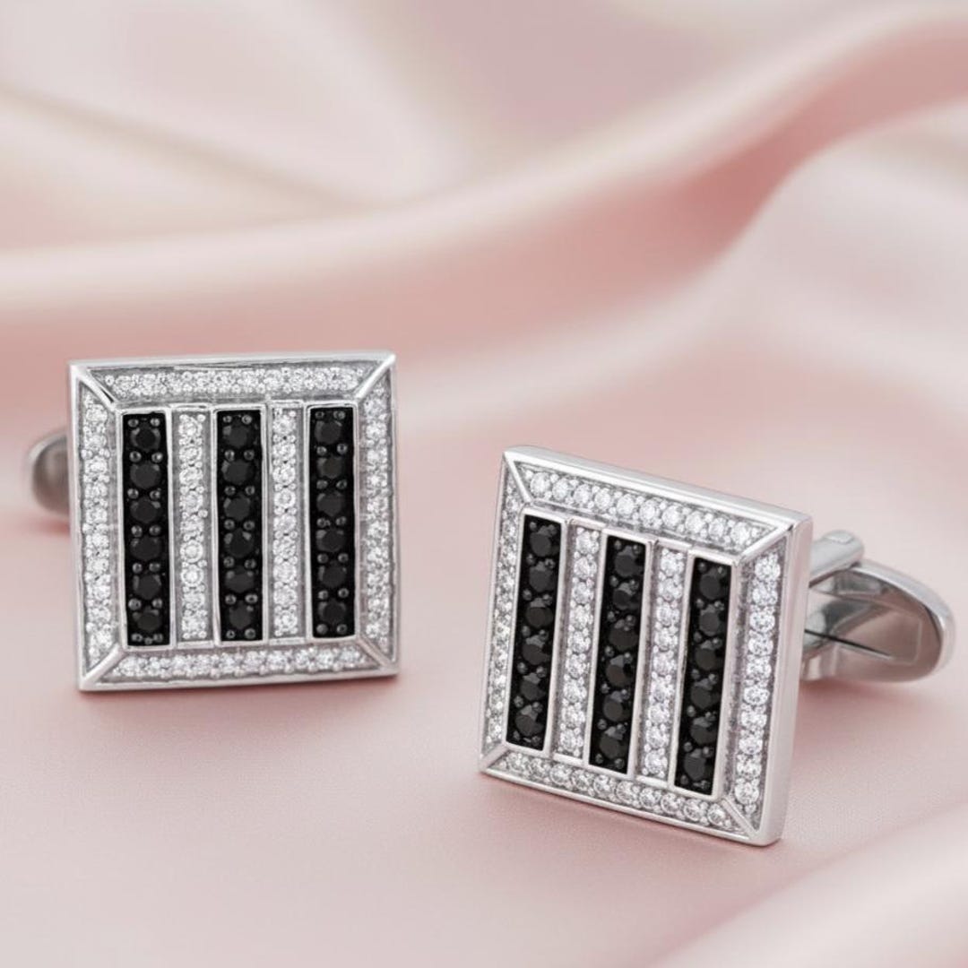 Channel Set Black Onyx & Diamond Men's Cufflinks 14K Gold Plated ...