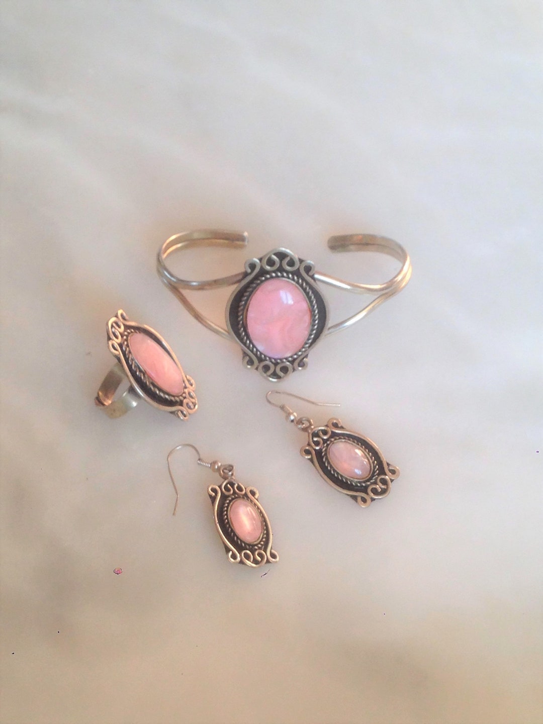 Peruvian Hand Made Silver Jewelry Set/faux Pink Opal Bracelet, Earring ...