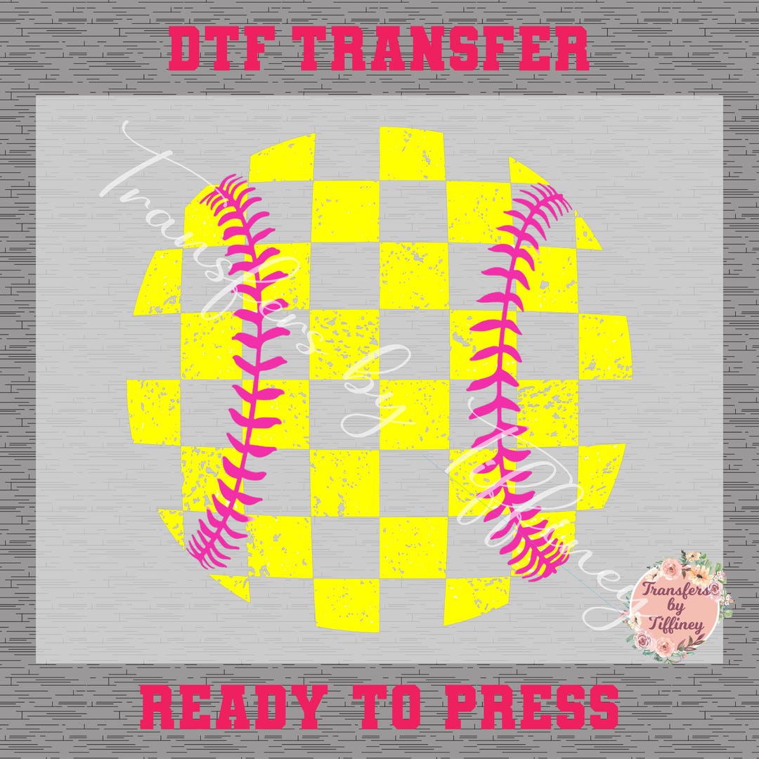 Neon Yellow and Pink Softball Checkered Grunge DTF, Softball, Game Day ...