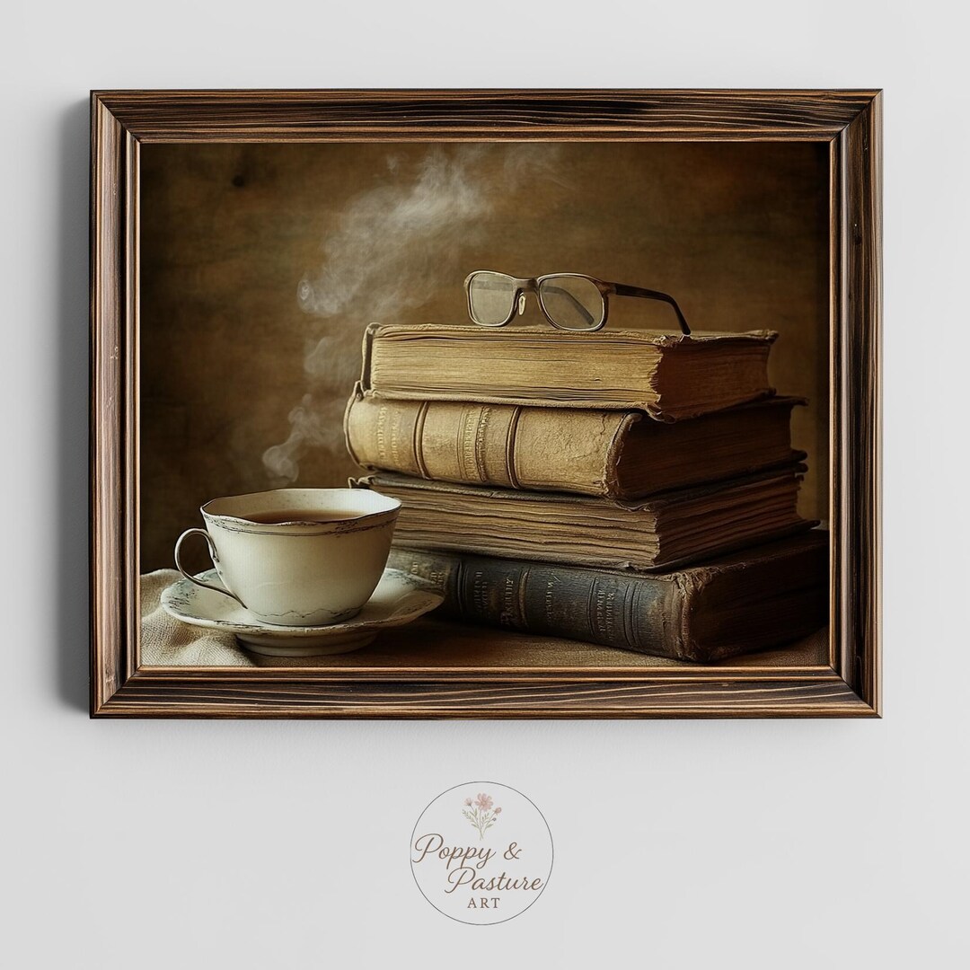Rustic Vintage Printable Book Stack Wall Art - Cozy Still Life Painting ...